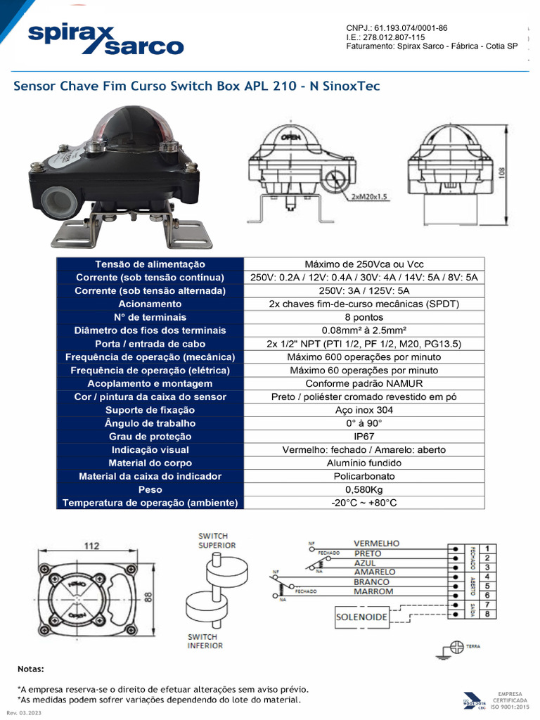 Sensor Chave Fim Curso Switch Box APL 210 N SinoxTec | PDF