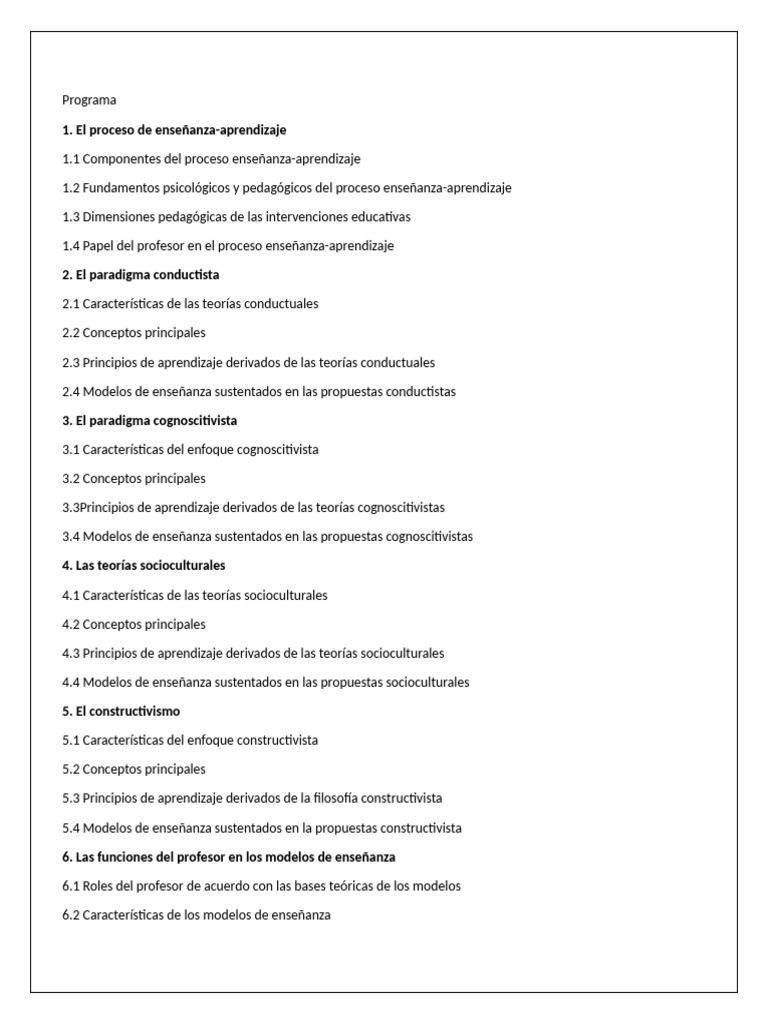 Programa Teoría Sobre Enseñanza Aprendizaje | PDF