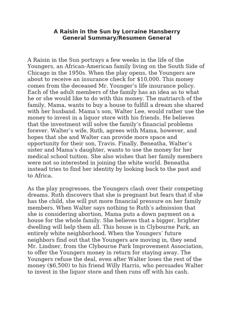 A Raisin in The Sun by Lorraine Hansberry English and Spanish Chapter ...