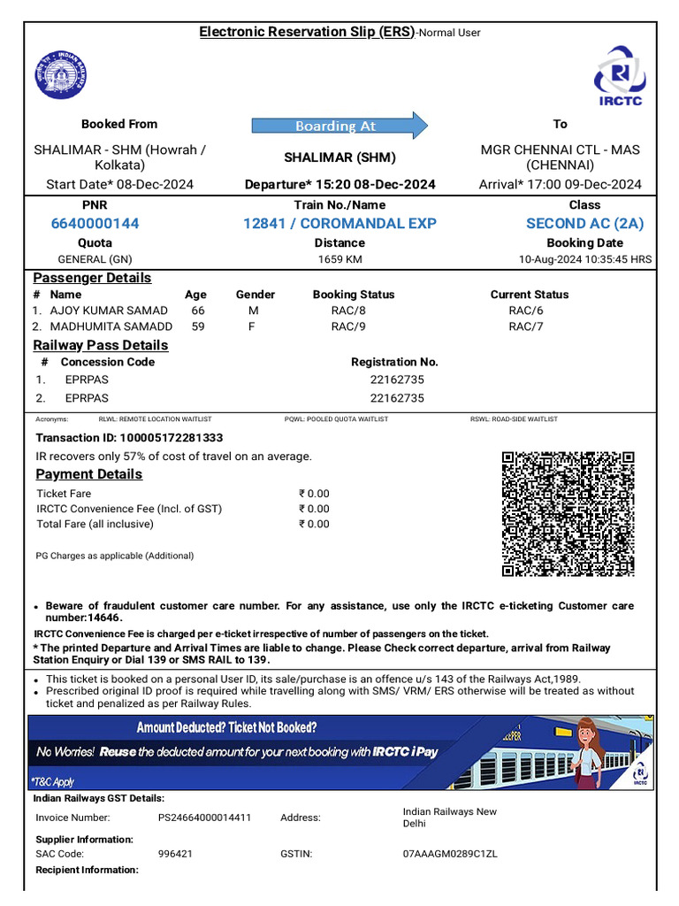 Coromandal Exp Second Ac (2A) : Electronic Reservation Slip (ERS) | PDF