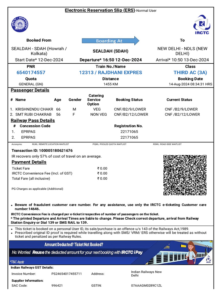 Rajdhani Expres Third Ac (3A) : Electronic Reservation Slip (ERS) | PDF