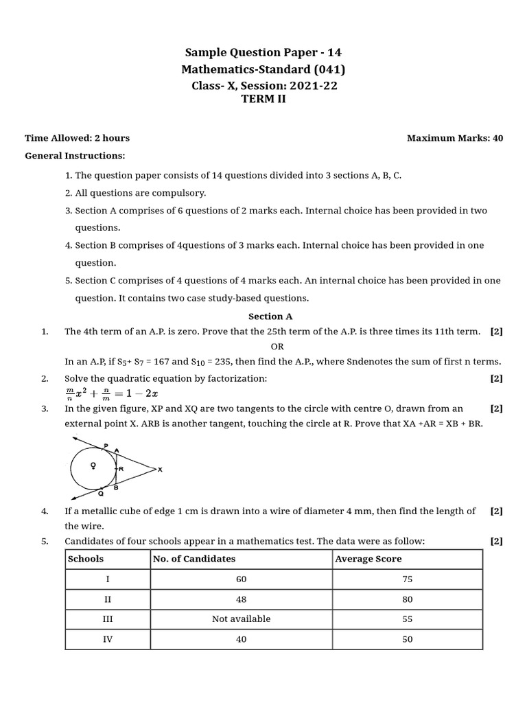 Sample Question Paper - 14 Mathematics-Standard (041) Class-X, Session: 2021-22 | PDF