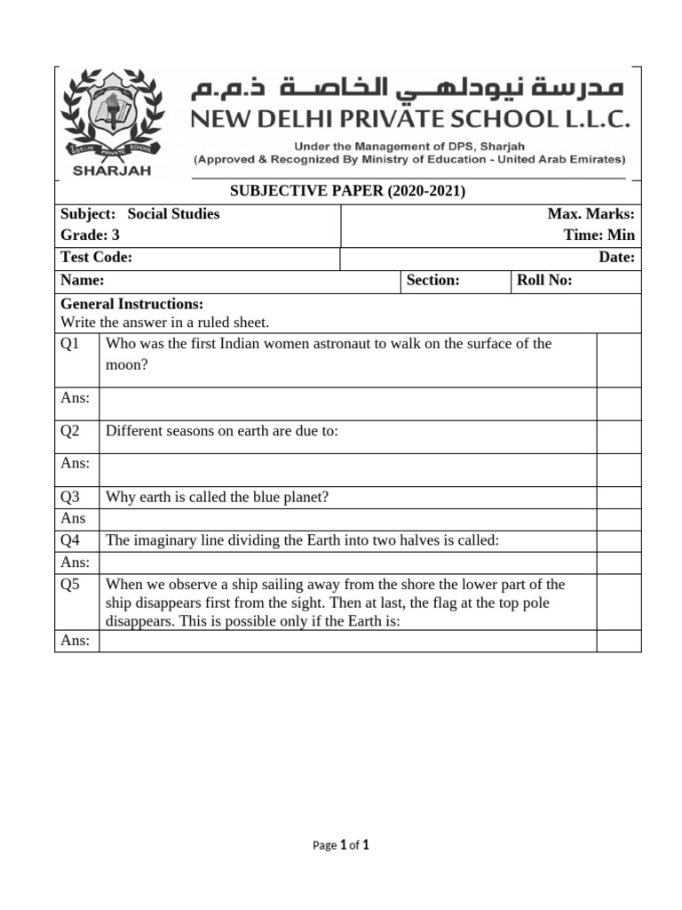 Grade 3 Our Universe - Subjective Paper | PDF