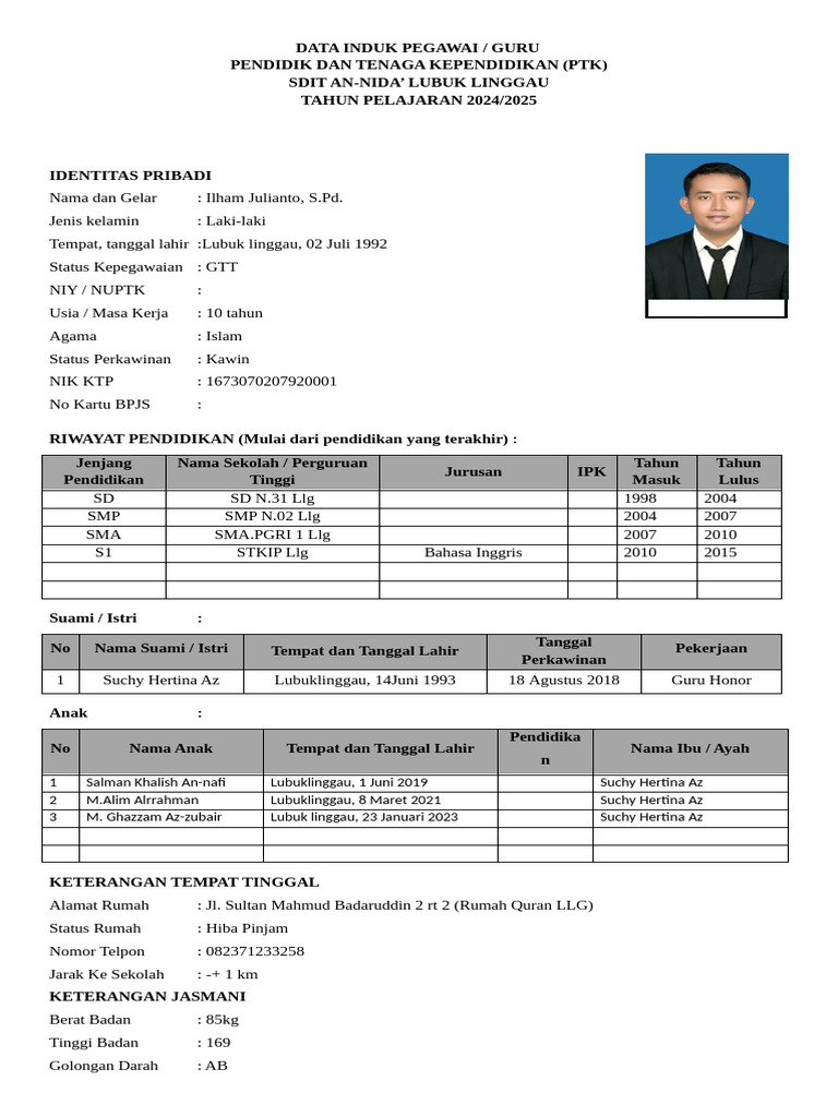 Data Induk Pegawai Sdit An-Nida' | PDF