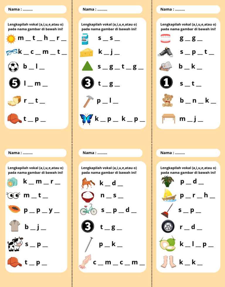 LKPD Melengkapi Huruf Vokal (A, I, U, E, Atau O) | PDF