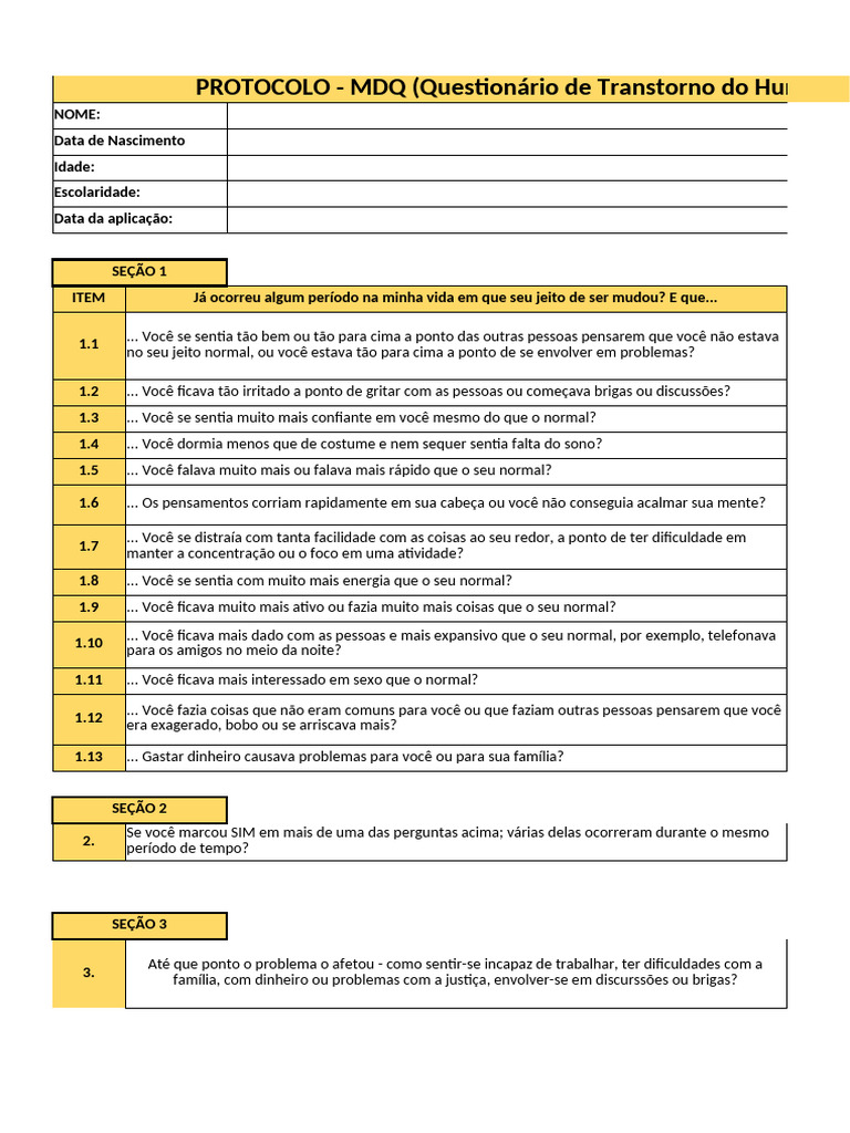 PROTOCOLO - MDQ (Questionário de Transtorno Do Humor) | PDF