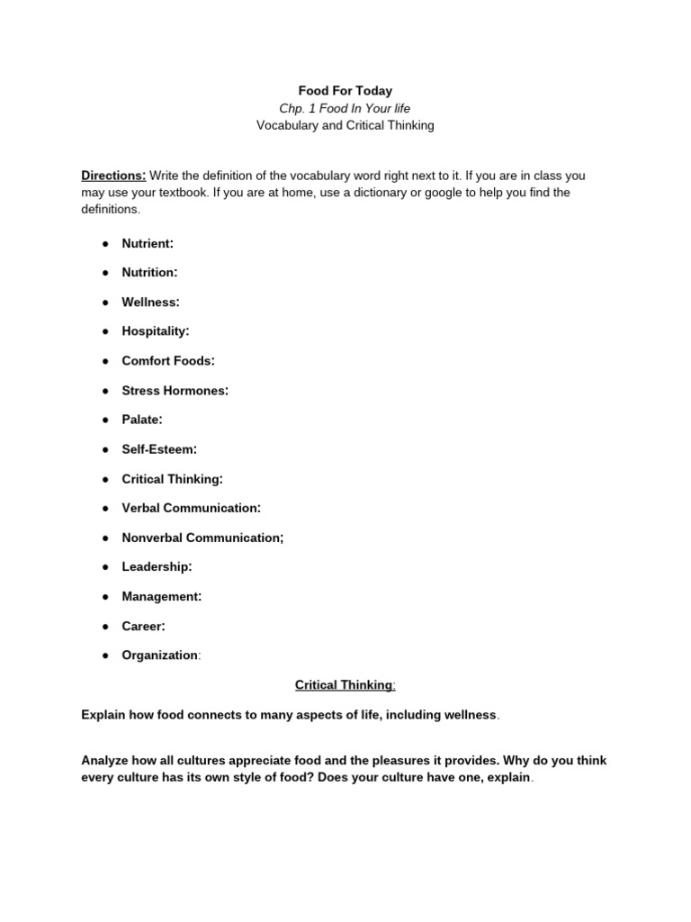 Intro. Culinary Arts - Chp.1 Vocabulary | PDF