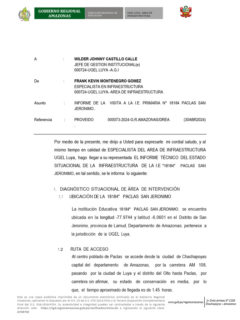 INFORME TECNICO-000012-2024-DREA-UGELL-OINFRA - Vis - 240511 - 085501 | PDF