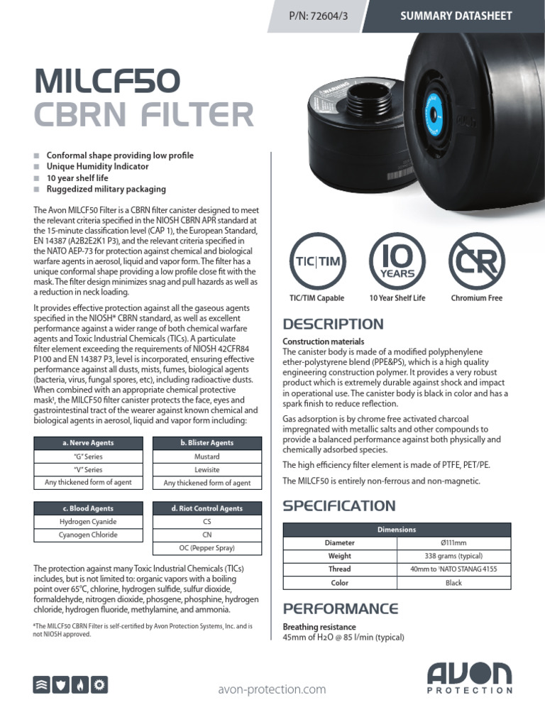 Avon Protection MILCF50 Filter Data Sheet en | PDF
