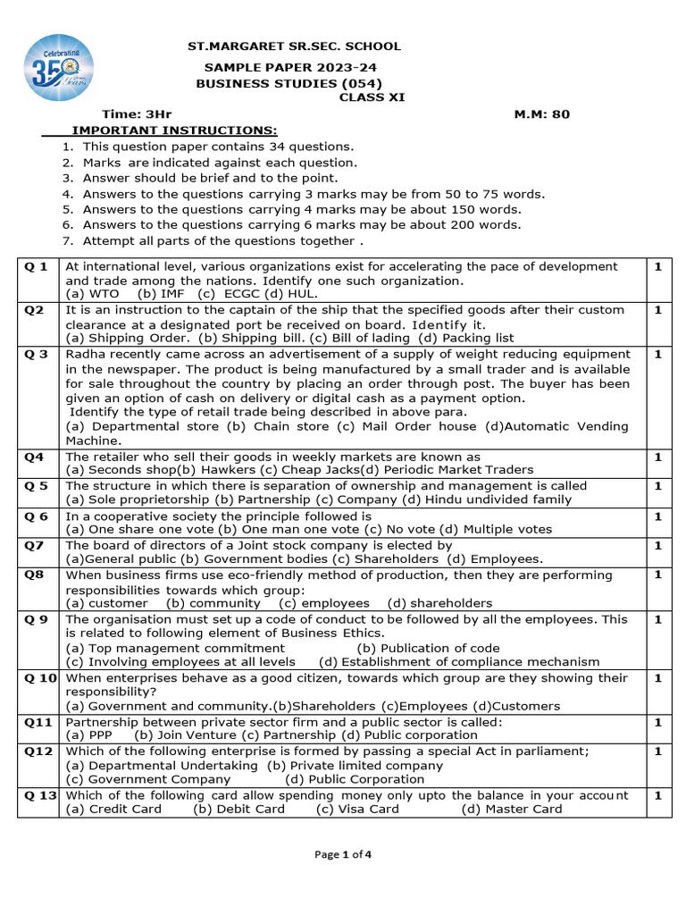 Sample Paper XI BST 2023 24 | PDF