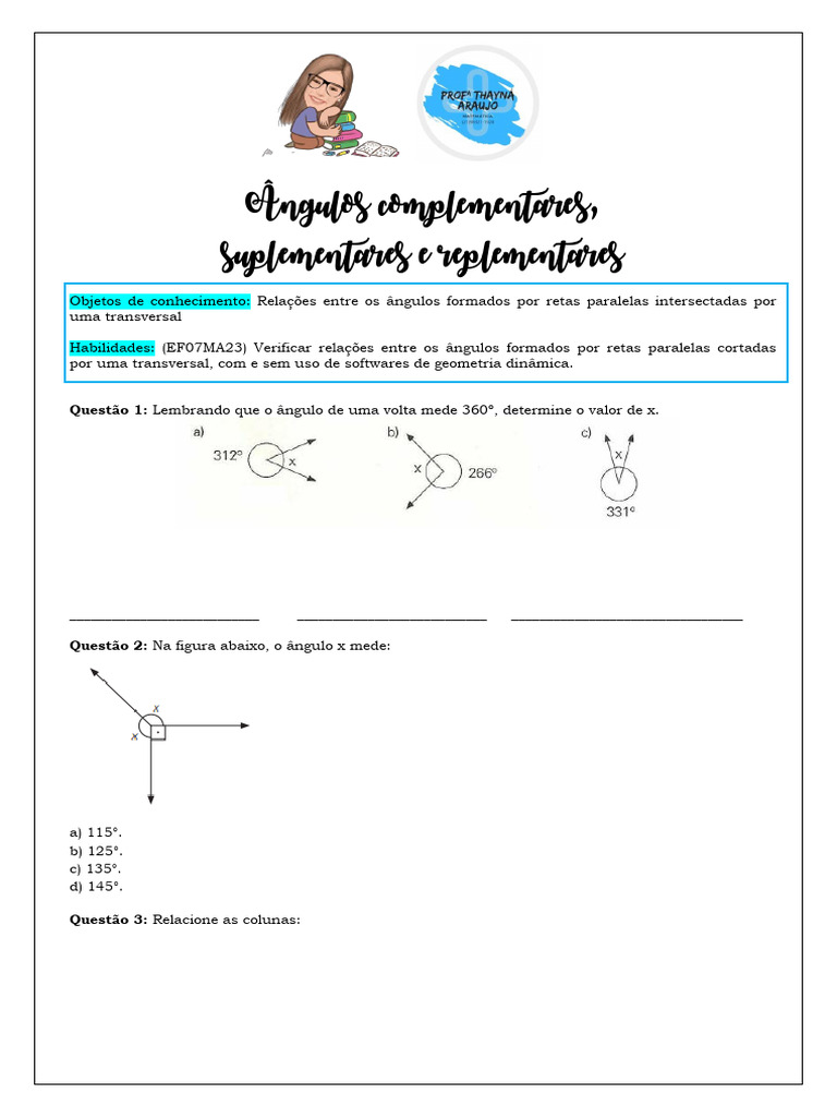 Ã Ngulos Complementares, Suplementares e Replementares | PDF