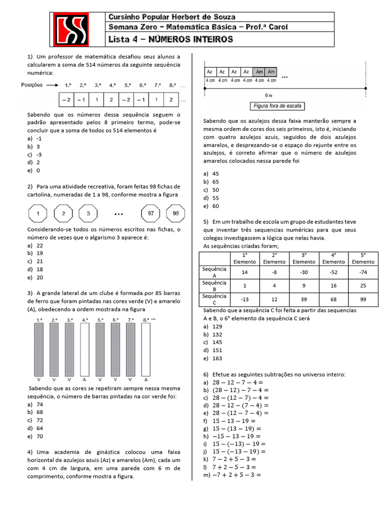Lista 4 - NÃºmeros Inteiros | PDF