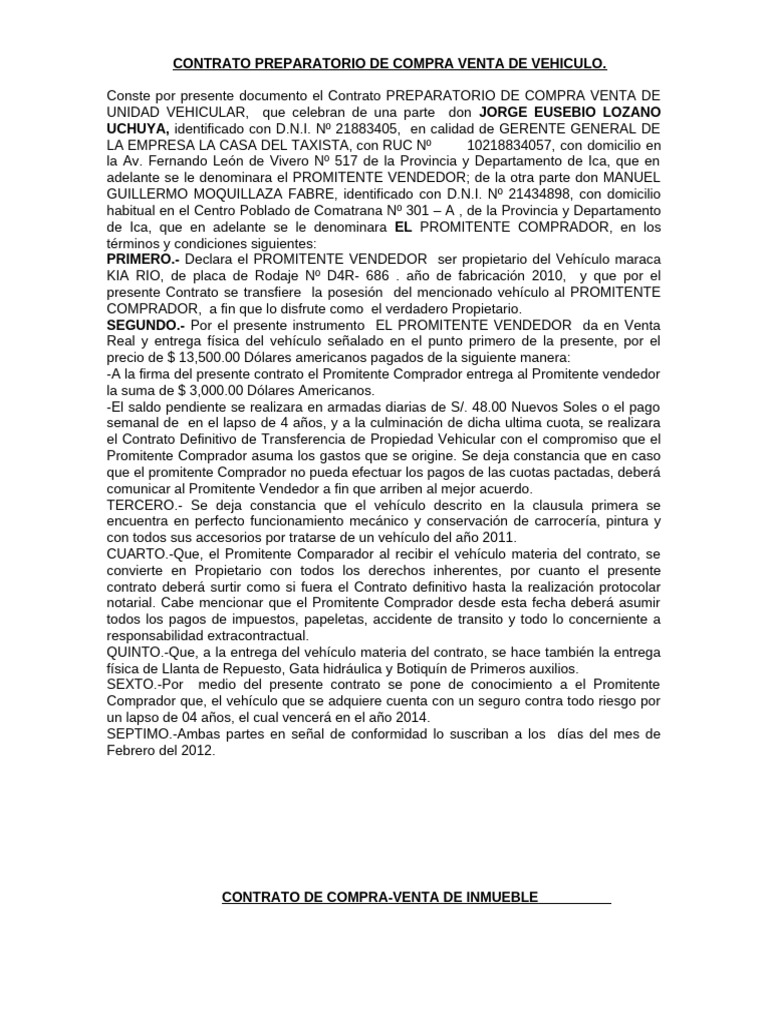 Modelo de Contrato Preparatorio de Compra Venta de Vehiculo | PDF