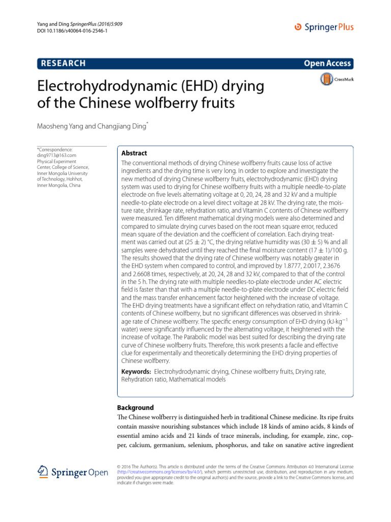 Electrohydrodynamic (EHD) Drying of The Chinese Wolfberry Fruits | PDF