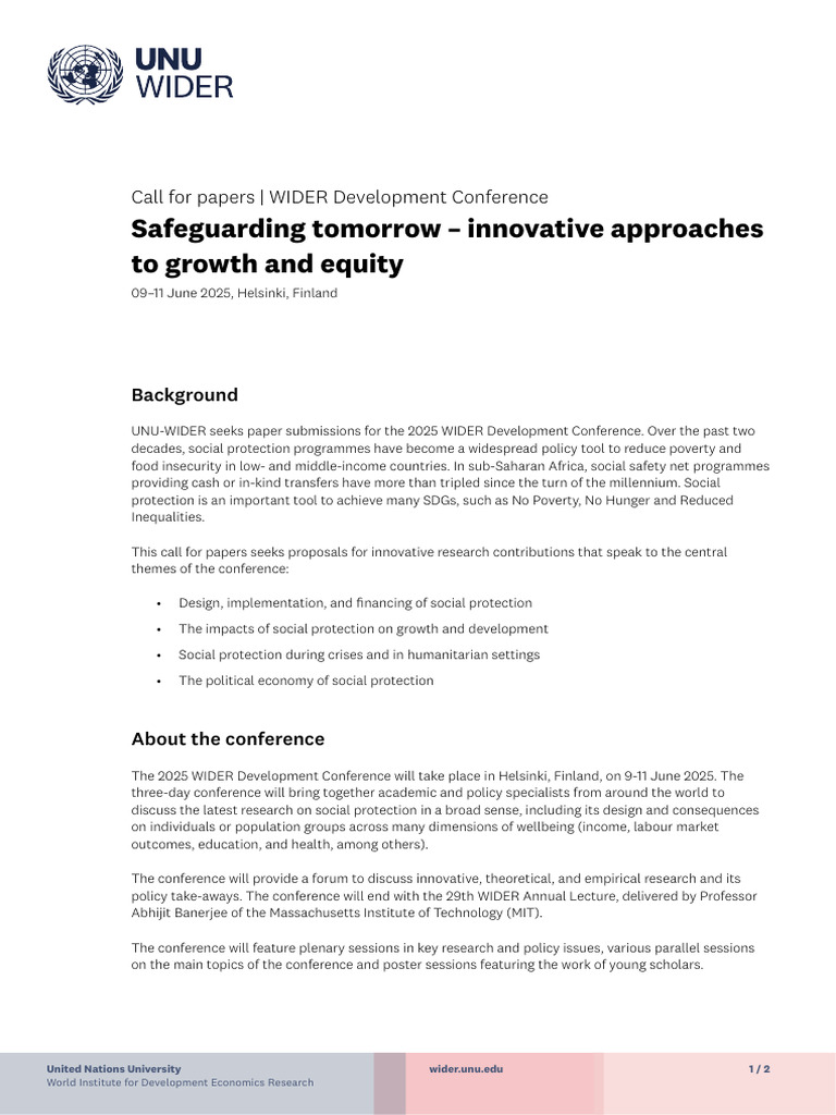 Call For Papers Safeguarding Tomorrow WIDER Development Conference | PDF
