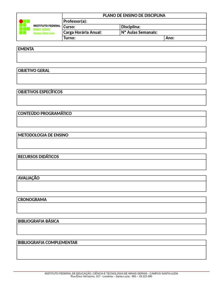 Plano de Ensino Da Disciplina - Modelo em Branco | PDF