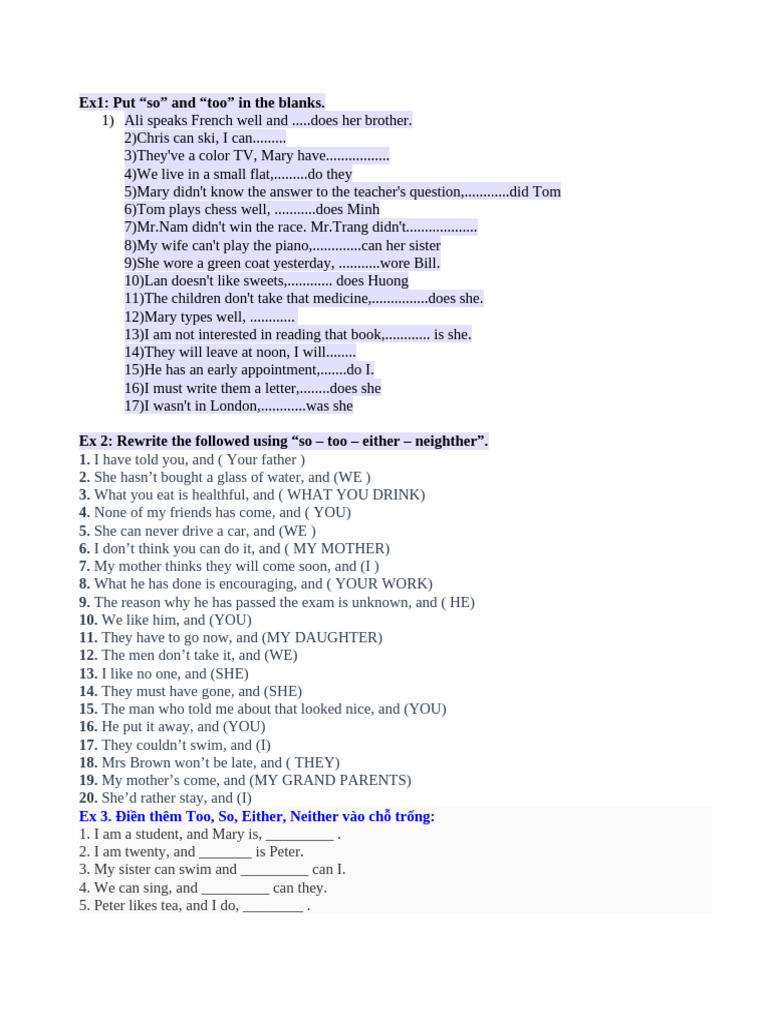 Bai Tap Too, So, Either, Neither Lop 7 | PDF