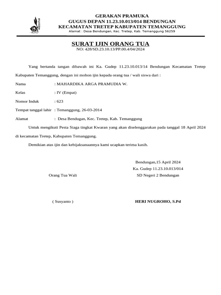 Ijin Orang Tua From Excel - Putra | PDF