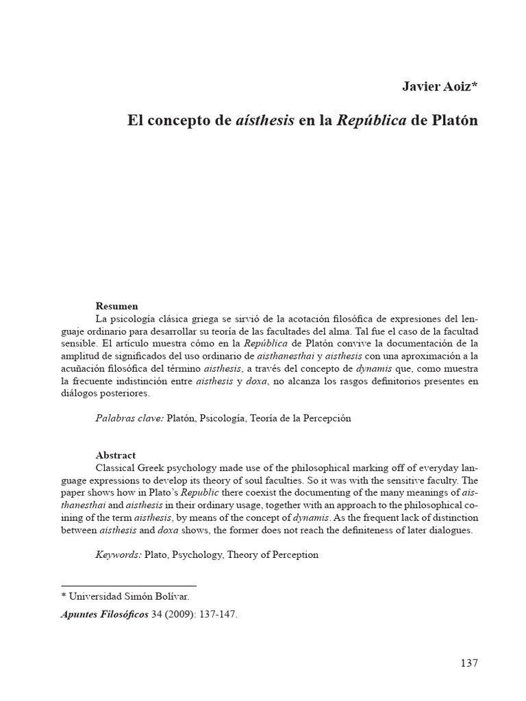 El Concepto de Aísthesis en La República de Platón | PDF