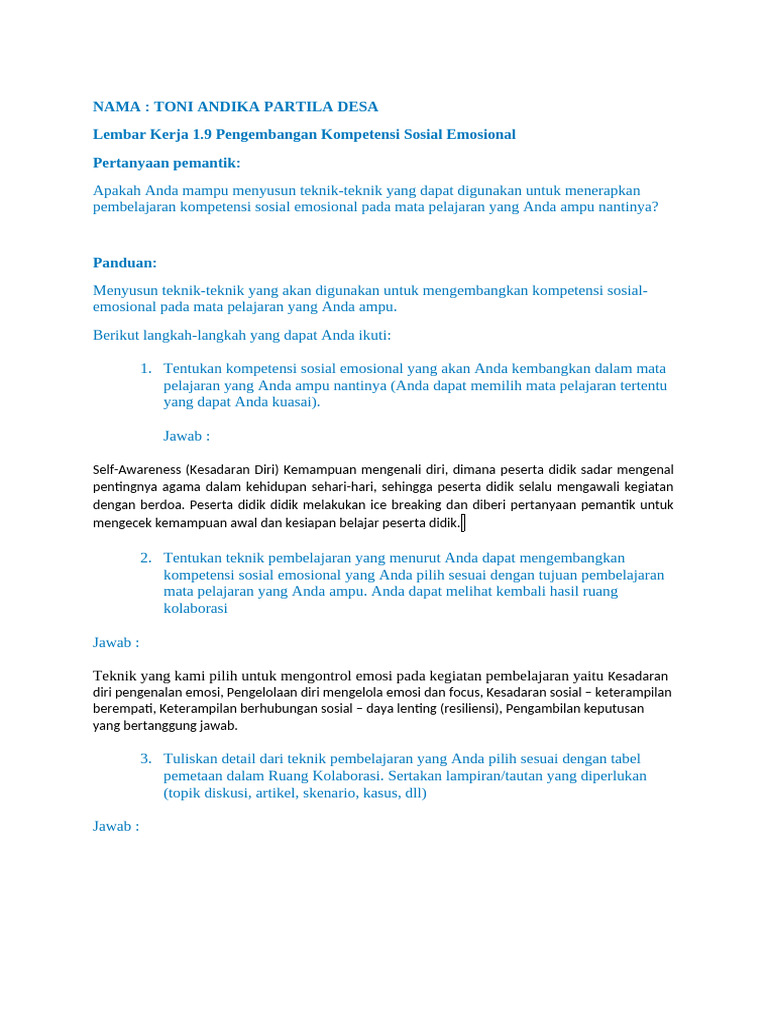 Lembar Kerja 1 9 Pengembangan Kompetensi Sosial Emosional Oke Oke | PDF
