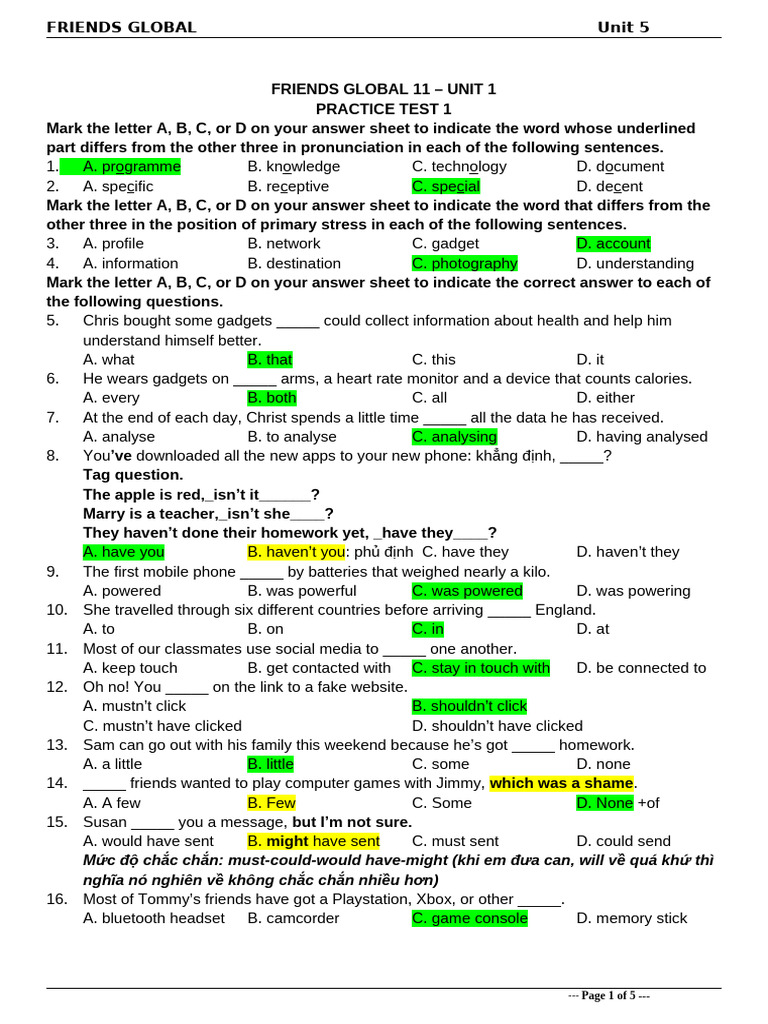 Tieng Anh 11 Friends Global - Unit 5 - Test 1 | PDF