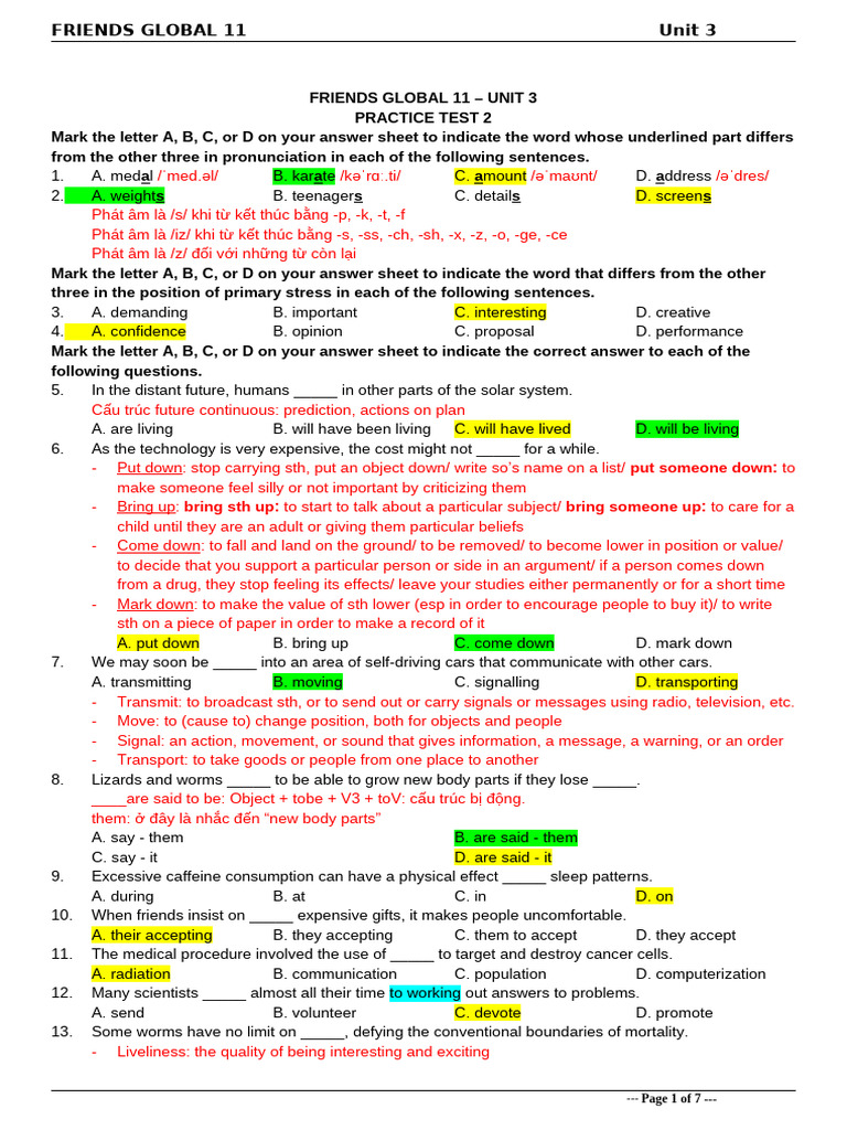 Tieng Anh 11 Friends Global - Unit 3 - Test 2 Bai Sua | PDF