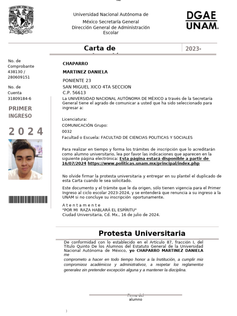Carta de Asignacion Unam | PDF