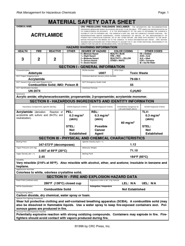Acrylamide MSDS | PDF | Hypothermia | Toxicity