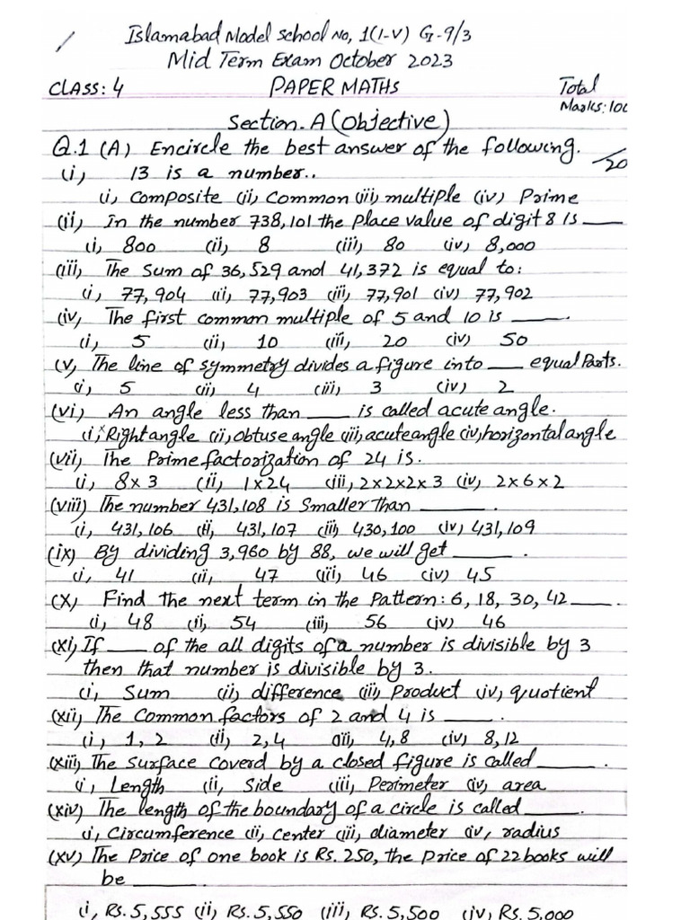 Class 4 Maths Papers | PDF