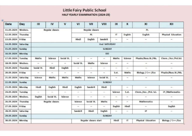 Half Yearly Examination Datesheet (2024-25) | PDF