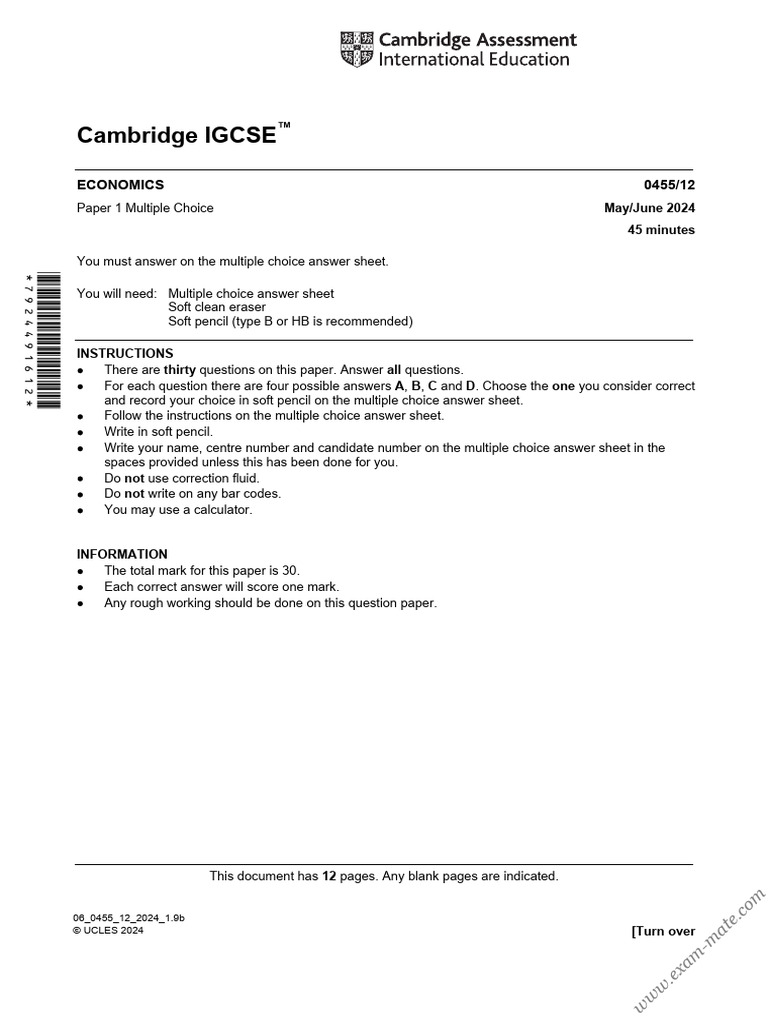 Cambridge IGCSE: Economics 0455/12 | PDF