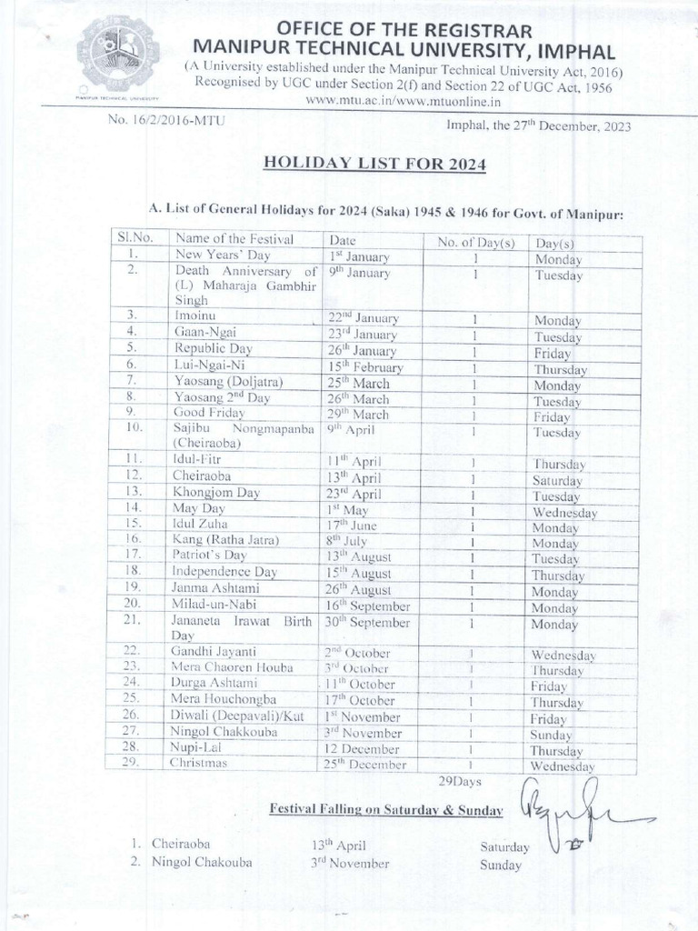 Holiday List 2024 | PDF