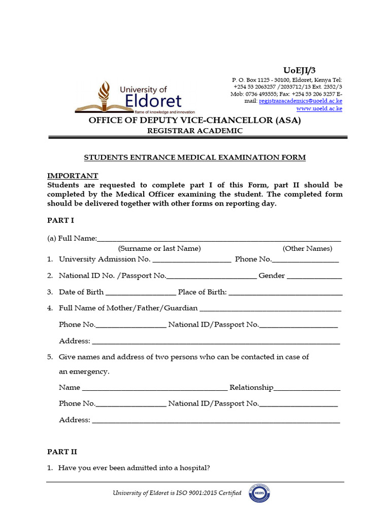 Entrance Medical Form | PDF