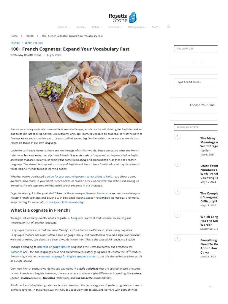 100+ French Cognates - Expand Your Vocabulary Fast - Rosetta Ston | PDF
