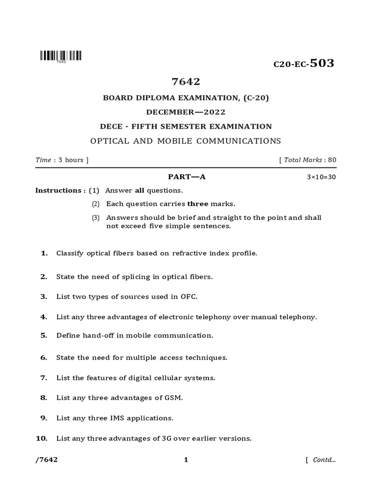 Optical and Mobile Communications: Board Diploma Examination, (C-20) DECEMBER-2022 Dece - Fifth ...