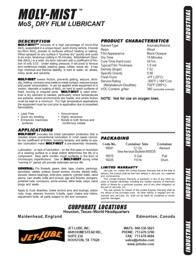 MOLY MIST AEROSOL Tds | PDF