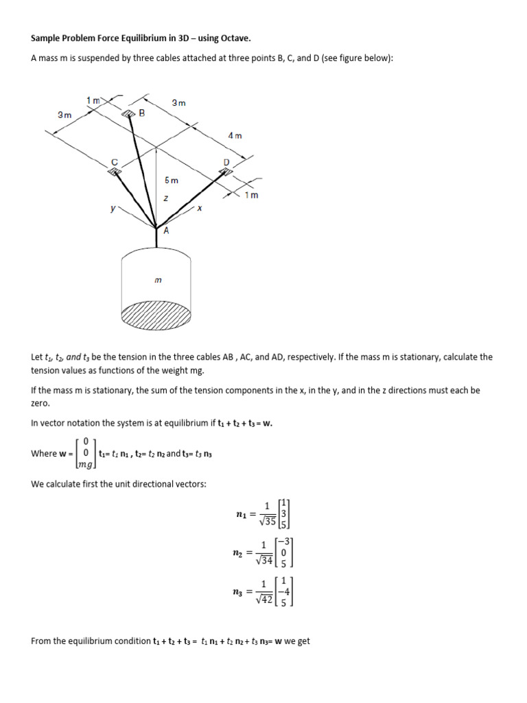 Week 3 - Force Equilibrium 3D (Octave Sample Problem) | PDF