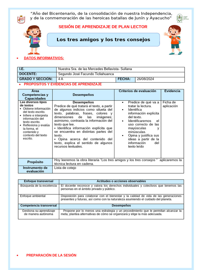 Sesion de Comprension Lectora Los Tres Amigos y Los Tres Consejos | PDF