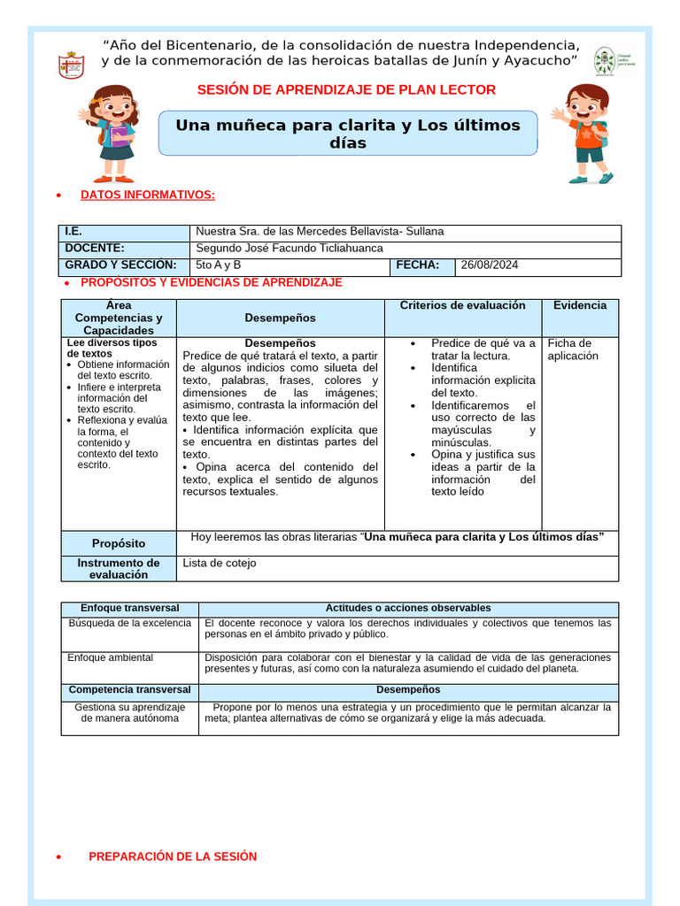 Sesión de Aprendizaje de Plan Lector | PDF