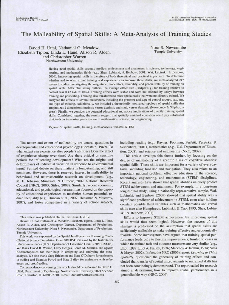 2013 Uttal i Dr the Malleability of Spatial Skills-A Meta Analiysis of Training Studies | PDF