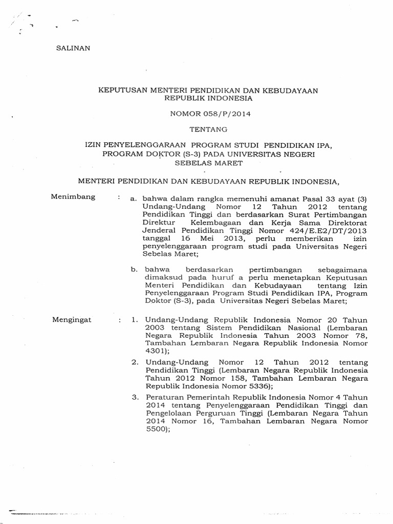 Surat Keputusan Nomor 058P2014 Tentang Ijin Penyelenggaraan Program Studi Pendidikan IPA Program ...
