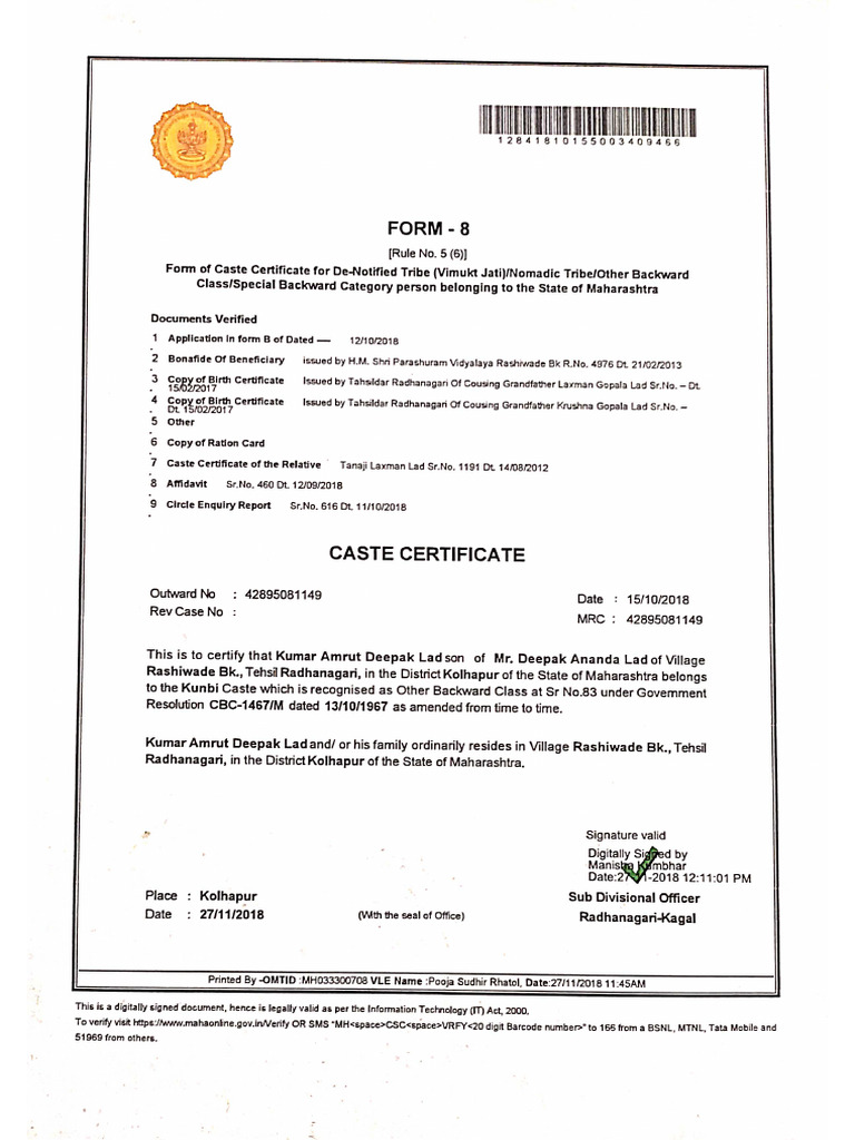 Caste Certificate | PDF
