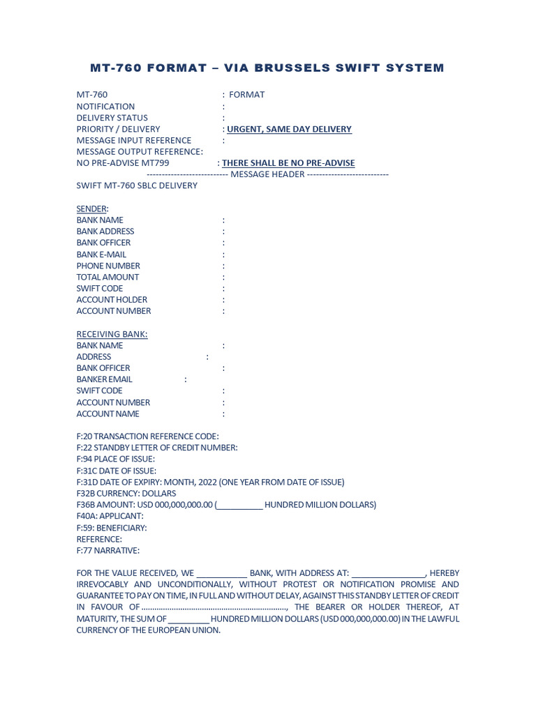 MT-760 SBLC Format Guide | PDF | Letter Of Credit | Banks