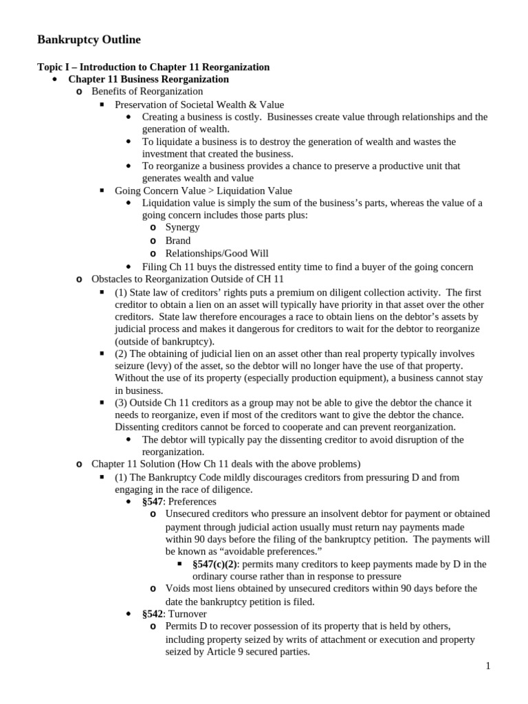 Bankruptcy - Chapter 11 Outline | PDF