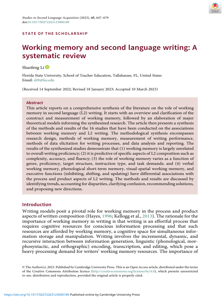 Working Memory and Second Language Writing A Systematic Review | PDF