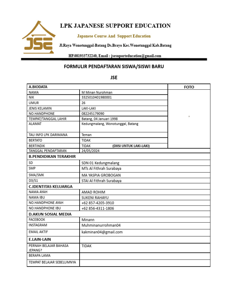 Formulir Pendaftaran LPK Jse Nama | PDF