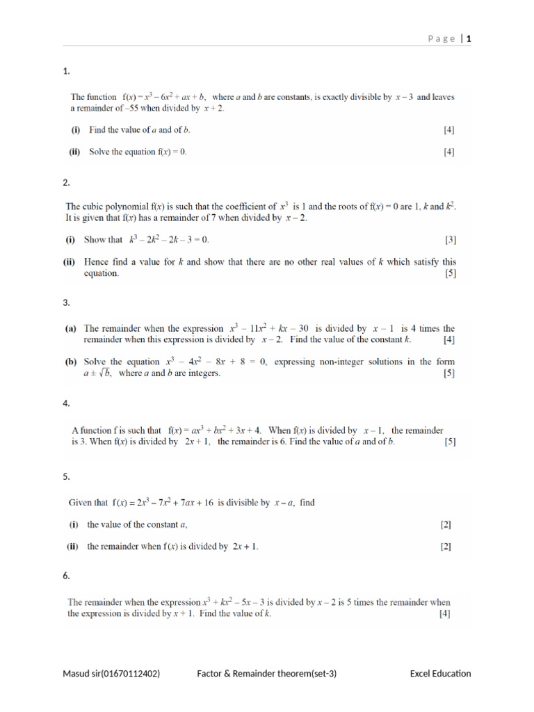 Factor And Remainder Theorem Set 3 Pdf