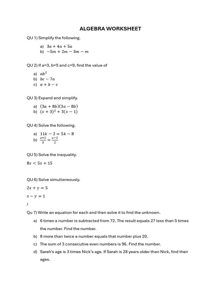 Algebra Worksheet Form 5 Practice | PDF
