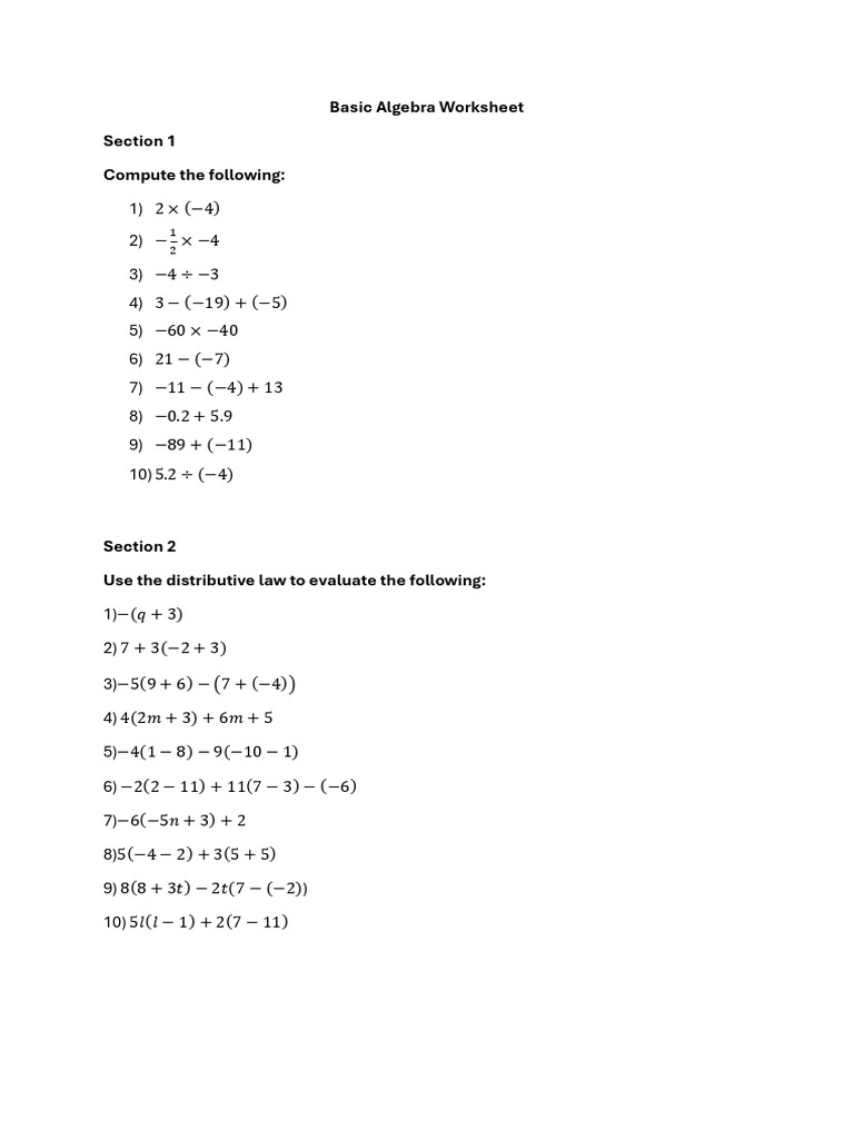 Basic Algebra Worksheet 1 | PDF
