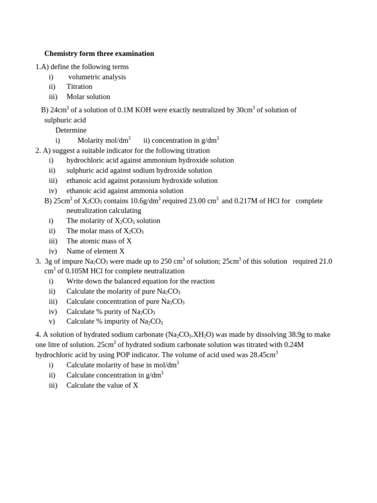 Chemistry form three examination | PDF